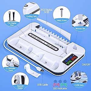 Cooling Station with Dual Controller Charging Station for PS5, Upgraded Accessories Vertical for PS5 Stand, 3-Levels Cooling Fan, 3 USB Hub and Headset Holder for Playstation 5 Disc/Digital Edition