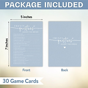 EXW Elegant Blue Bridal Shower Game Cards - Twenty Questions About The Bride - Engagement Party Cards, Newlyweds Party Decorations, 30 Pcs Per Set, Bridal Shower Game Supplies - A05