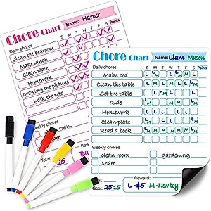 LOCATAL Magnetic Chore Chart, 2 Pcs Dry Erase Behavior Charts & 6 Markers, Reward Chart for Multiple Kids Teens Adults Family, Daily Responsibility Rewards Whiteboard for Fridge School Home Supplies