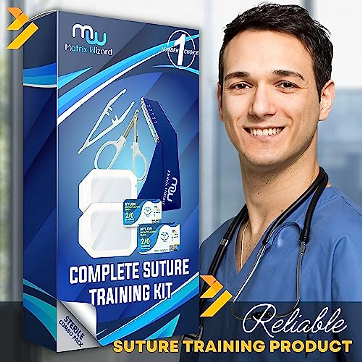Sterile Sutures Thread with Needle, Disposable Stapler and Wire Remover Instrument Plus Waterproof Adhesive Film- Emergency Survival First Aid Field Practice, Wound Tactical Demo, Vet Clinic Use