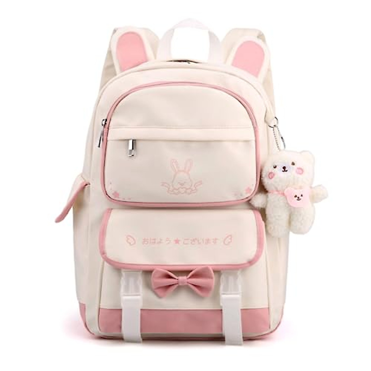 ZHSteveG Pink Backpack Bow With Pendant Cute Large Capacity Kawaii Aesthetic Backpack Cute Mochilas Daypacks (Pink white)