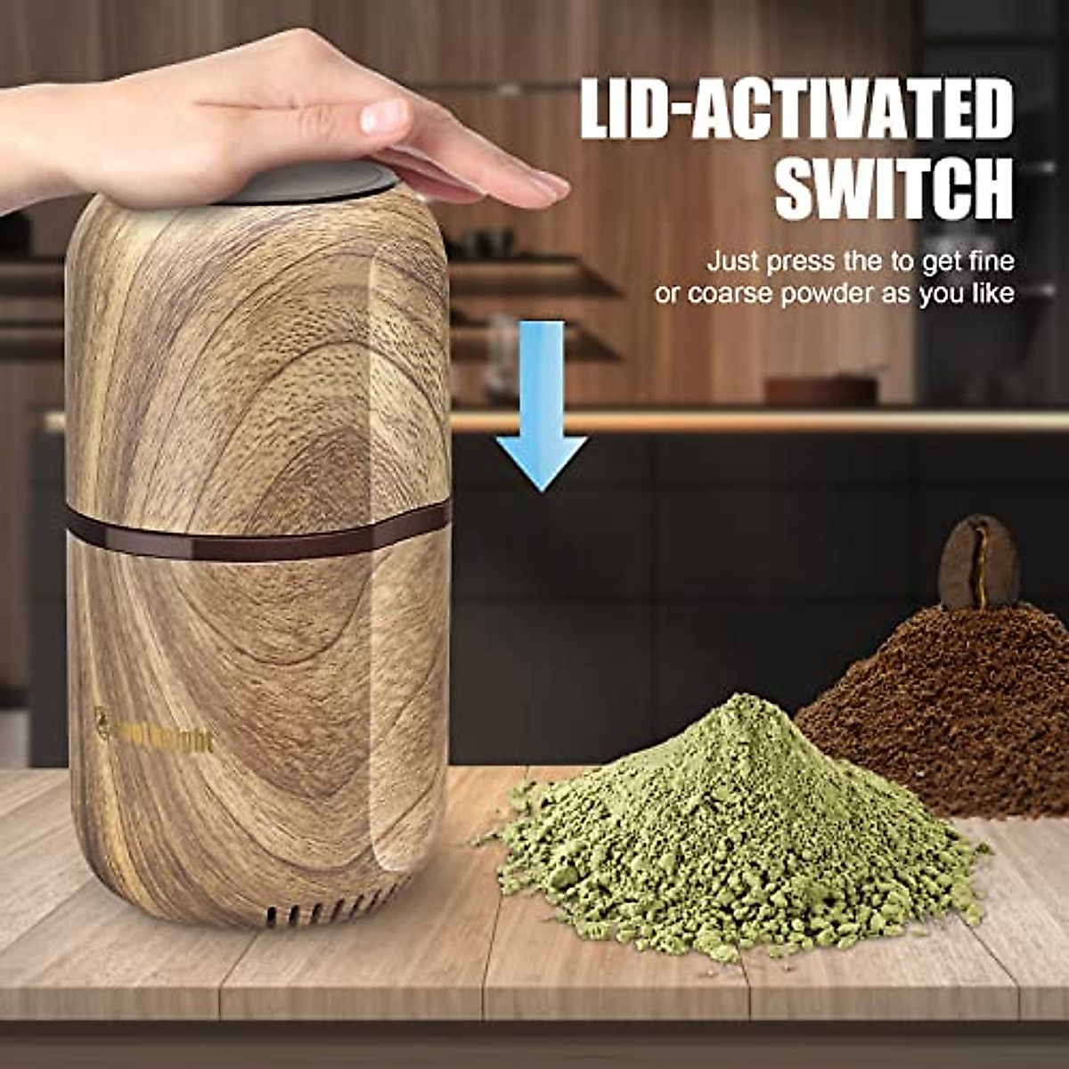 COOL KNIGHT Herb Grinder [large capacity/fast/Electric ]-Spice Herb Coffee Grinder with Pollen Catcher/- 7.5" (Wood grain)
