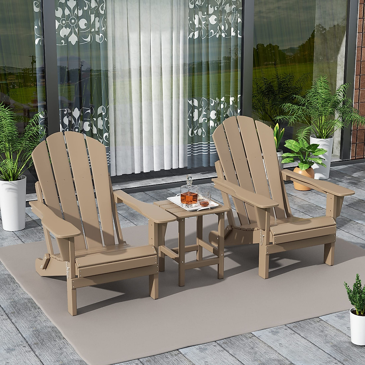 WestinTrends Malibu 3-Pieces Adirondack Chairs Set with Side Table, All Weather Outdoor Seating Plastic Patio Lawn Chair Folding for Outside Porch Deck Backyard, Weathered Wood