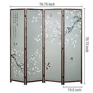 MyGift 4-Panel Asian-Inspired Folding Room Divider with Cherry Blossom Tree & Bird Design Poetry Calligraphy and Brown Wooden Frame