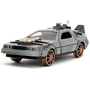 Delorean DMC (Time Machine) Brushed Metal Train Wheel Version Back to The Future Part III (1990) Movie Hollywood Rides Series 1/32 Diecast Model Car by Jada 34786