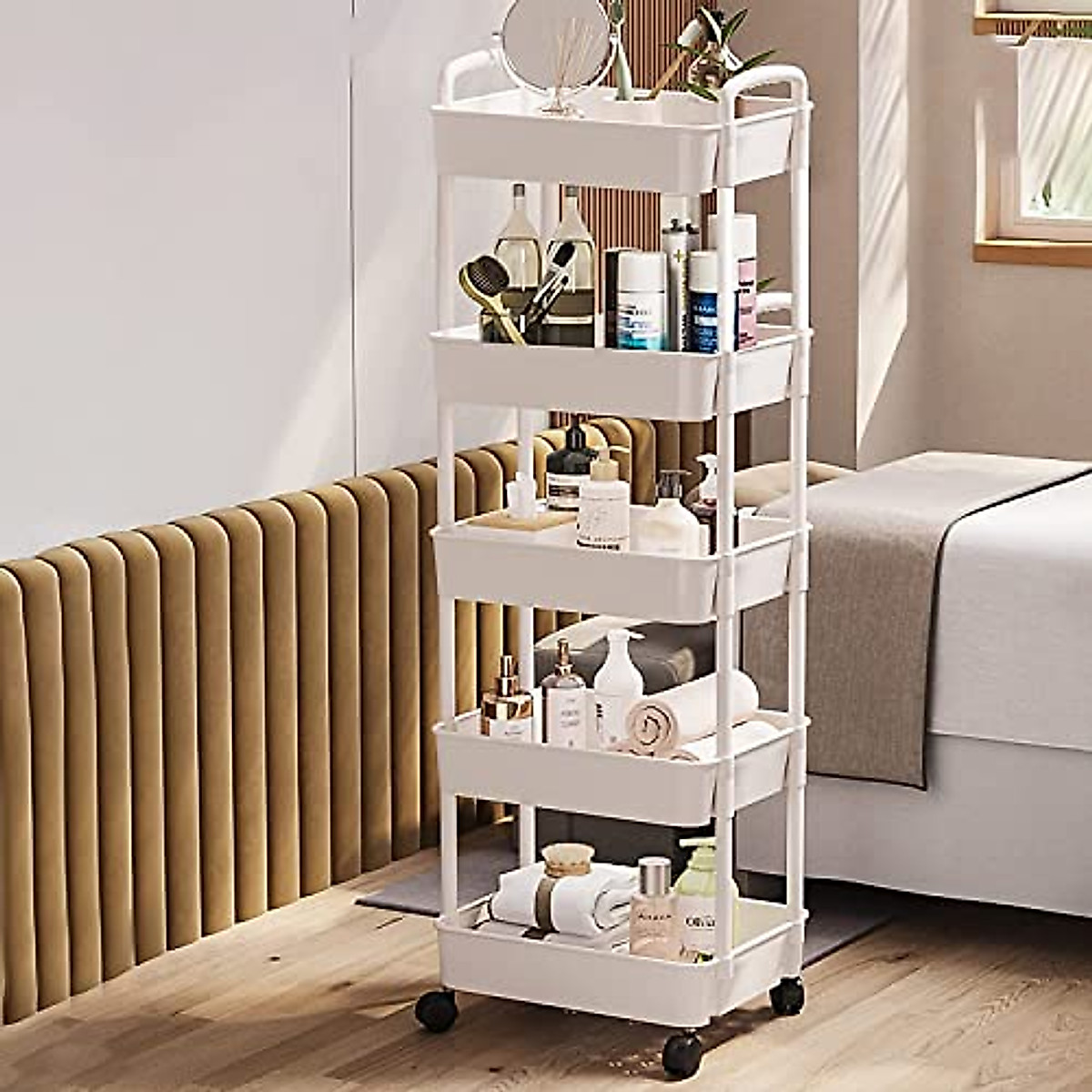 5-Tier Rolling Cart, Multipurpose Utility Cart, Rolling Carts with Lockable Wheels, Storage Cart Craft Cart Organizer for Bathroom Laundry Kitchen,Used as Book Art Snack lash Makeup Diaper cart,Black