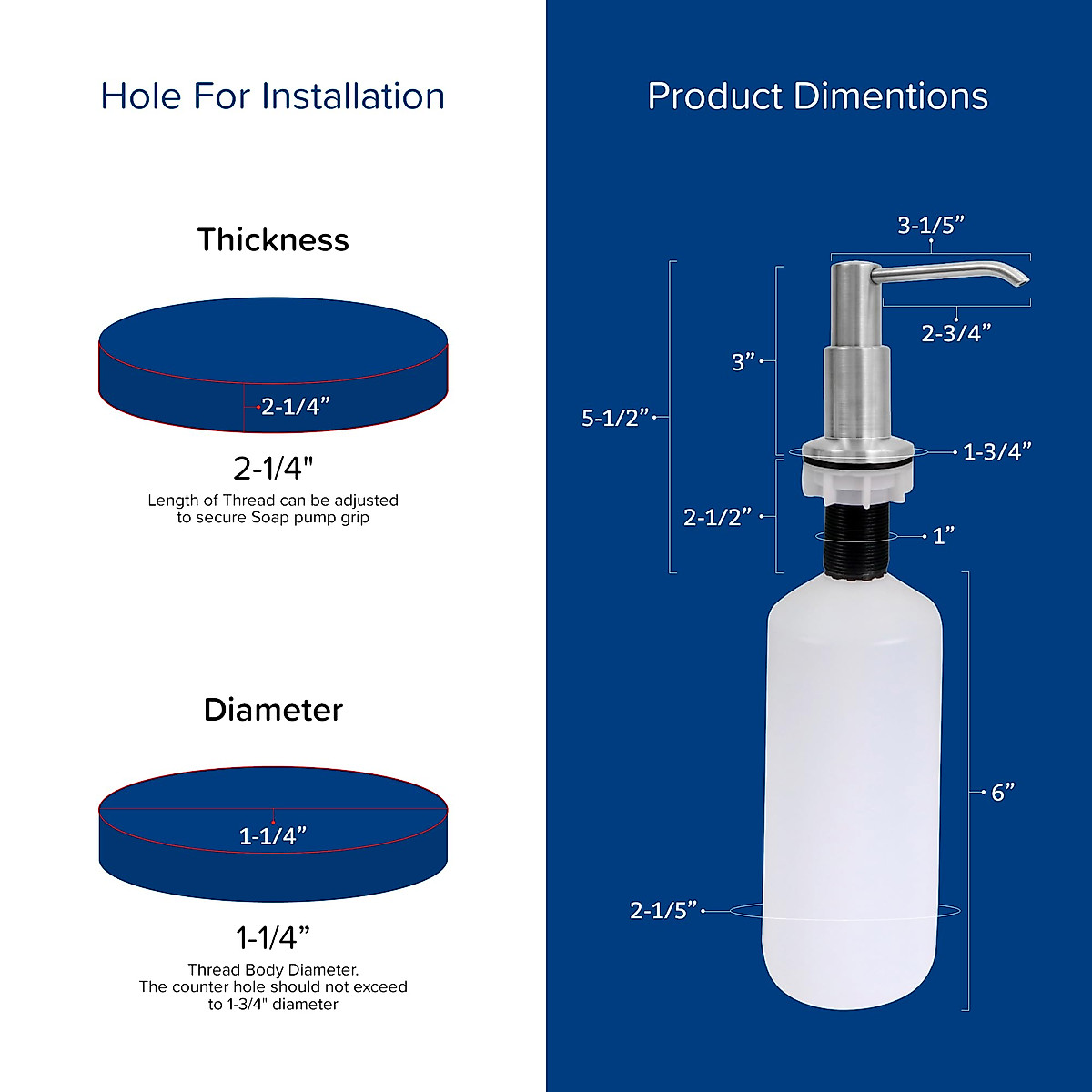 Soap Dispenser for Kitchen Sink with Large 500 ml (17 oz) Bottle, Stainless Steel Kitchen Sink Soap Dispenser Pump - Refill from top, Brushed Nickel Built in Counter soap Dispenser, Rust Resistant