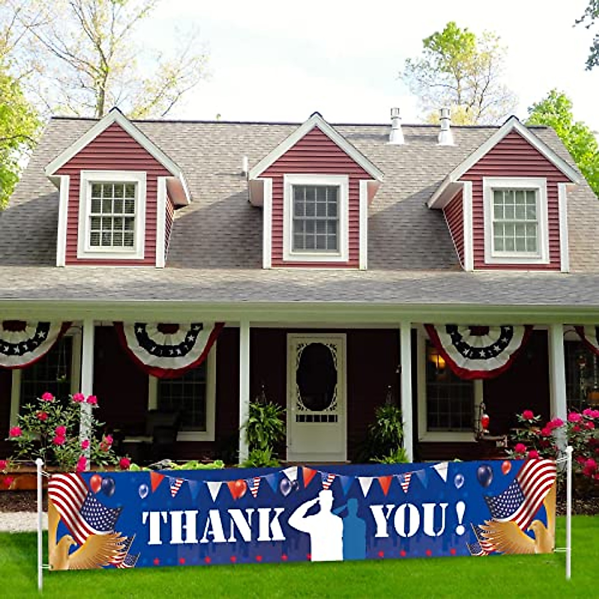 Large Thank You Memorial Day Banner, Fourth of July, Veterans Day Patriotic Yard Banner,American Patriotic Theme Memorial Day 4th of July Veterans Party Supplies Decorations (9.8 x 1.6 ft)