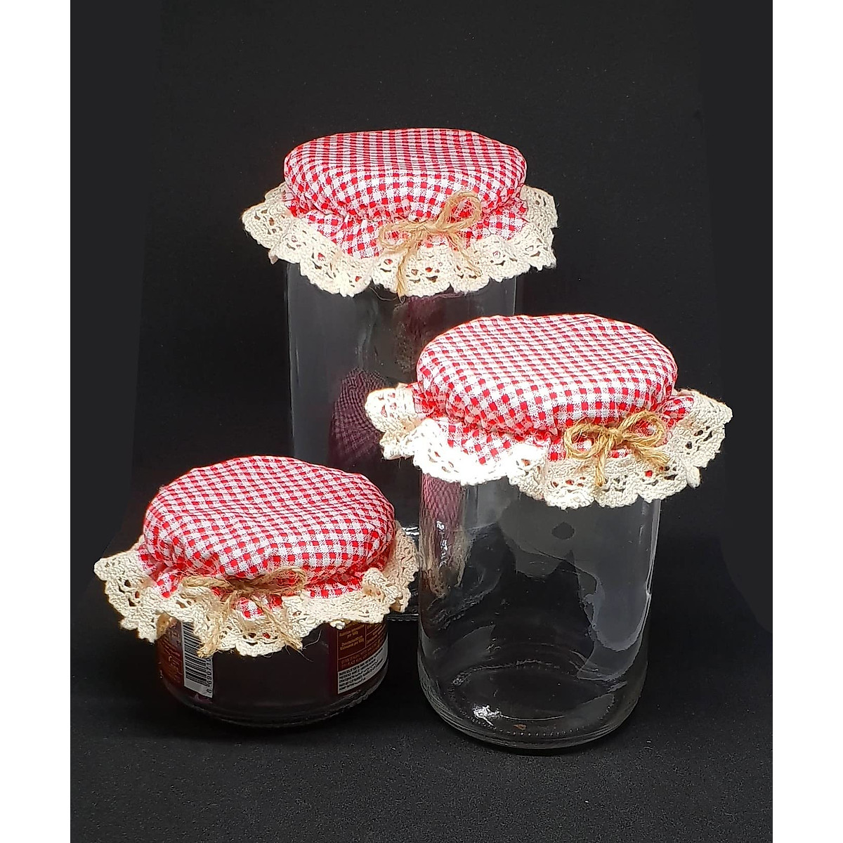 DLK - 10 pieces Elasticated Jar Cover Cloth - 100% Cotton Jar Cover Cloth - Stretchy Red Gingham (Checkered) Pattern - Breathable Fermentation Lid Bowl - Reusable Elastic Cloth Jar Covers