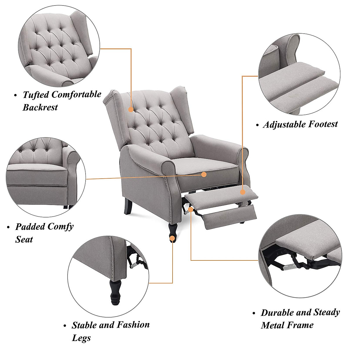 Artechworks Tufted Fabric Push Back Arm Chair Recliner Single Reclining Fabric for Adjustable Club Chair Home Theater Padded Seating Living Room Lounge Modern Sofa Grey