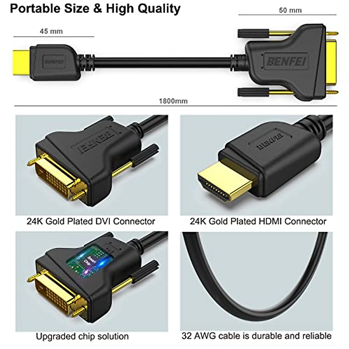 BENFEI HDMI to DVI 5 Pack, HDMI to DVI Cable Bi Directional DVI-D 24+1 Male to HDMI Male High Speed Adapter Cable Support 1080P Full HD Compatible for Raspberry Pi, Roku, Xbox One, PS4 PS3