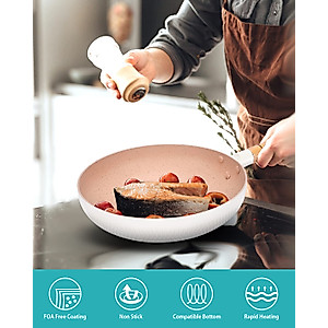 BUNDLEPRO Nonstick Frying Pan, Granite Coating Skillet with Wooden Handle, 9.4'' Induction Compatible White Aluminum Cookware for Cooking Fish, Egg, Chicken, Steak,Vegetables