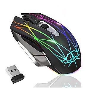 RIIKUNTEK Wireless Gaming Mouse, Computer Mouse Rechargeable with 3 Adjustable DPI, Silent Click, USB Receiver, LED Lights, 2.4GHz Portable Ergonomic RGB Optical Gamer Mice Mouse for Laptop PC Black