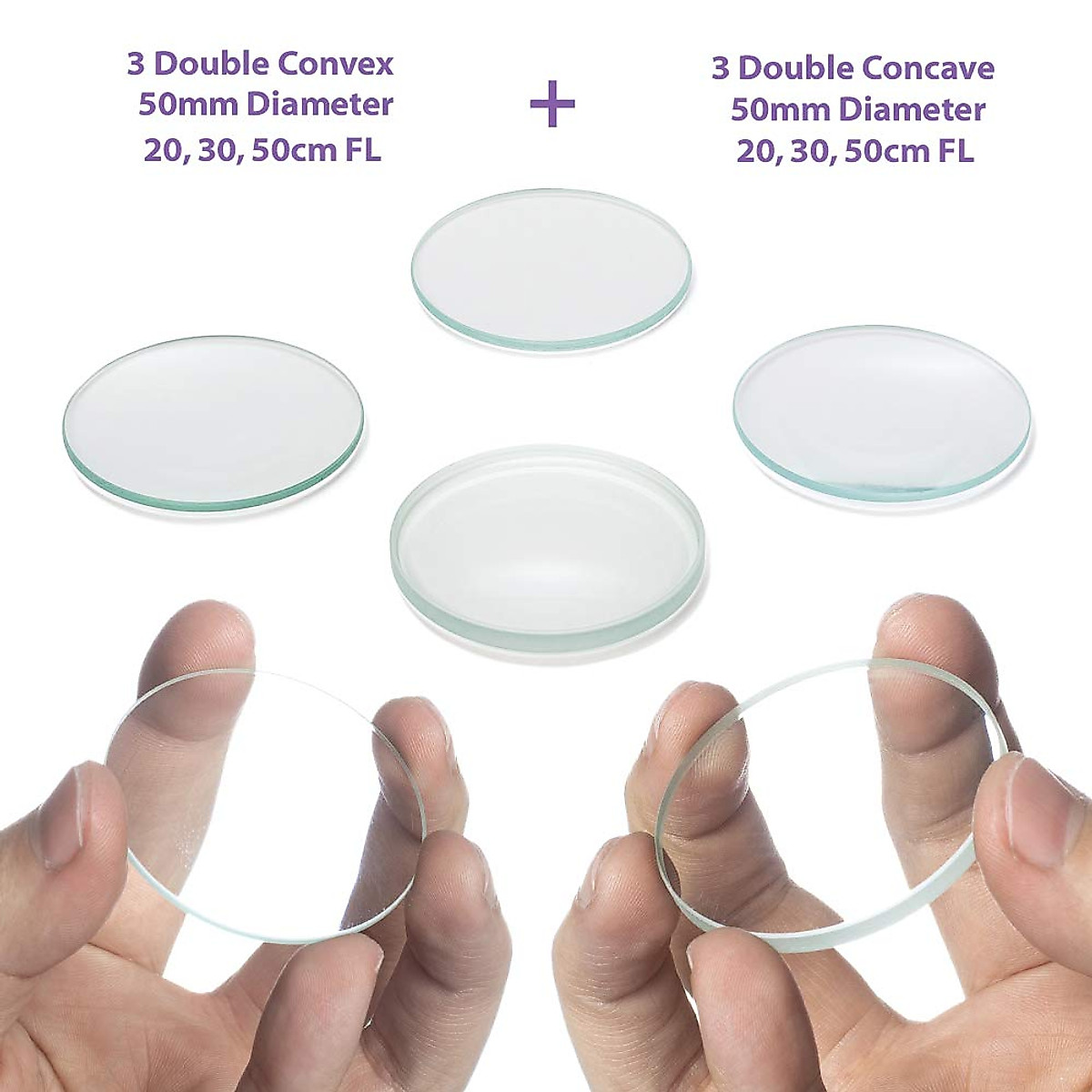 Amlong Crystal Premium Optical Glass Double Convex and Concave Lens Set, 50mm Diameter, 3 Double Convex (20, 30, 50cm FL) and 3 Double Concave (20, 30, 50cm FL), 6 Piece Set