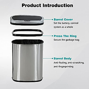 PayLessHere 13 Gallon / 50 Liter Trash Can Stainless Steel Touchless Trash Bin Oval Shape Office Waste Bin for Kitchen Bathroom Bedroom Living Room with Lid Powered by Batteries (not Included)