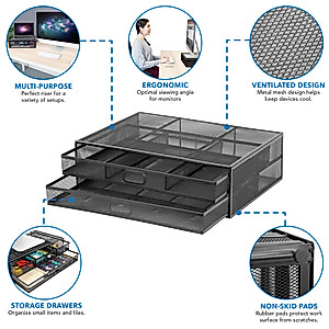 MOUNT-IT! Computer Monitor Stand With Drawers, Metal Mesh Riser and Organizer for Laptops and Computer Screens, Laptop, and Printer Accessories and Office Supplies (Black)