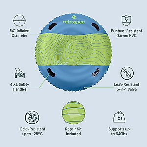Retrospec Snowslide XL 54” Inflatable Snow Tube with Puncture Resistant PVC, 4 XL Grab Handles and Repair Kit | Winter Snow Sports, Sledding and Snow Tubing