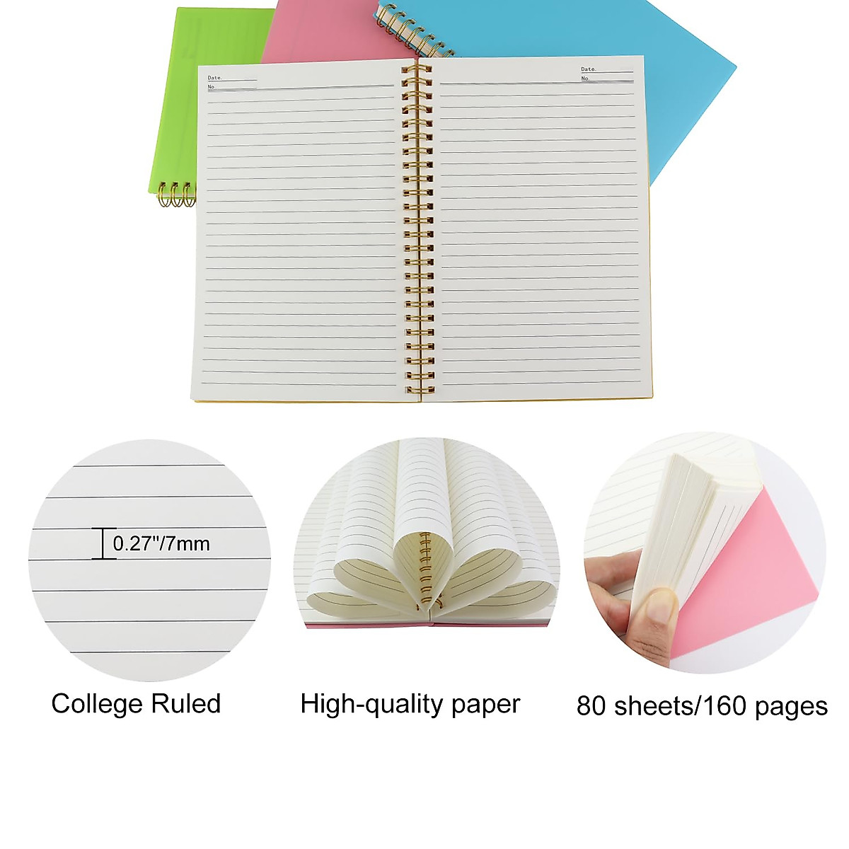 Aacehlh Spiral Notebook Journal,5.5" x 8.5" Plastic Hardcover College Ruled Notebook with 4 Colors,80 Sheets / 160 Pages Per Journal for Work,Study and Notes (light green,light blue,yellow,pink).
