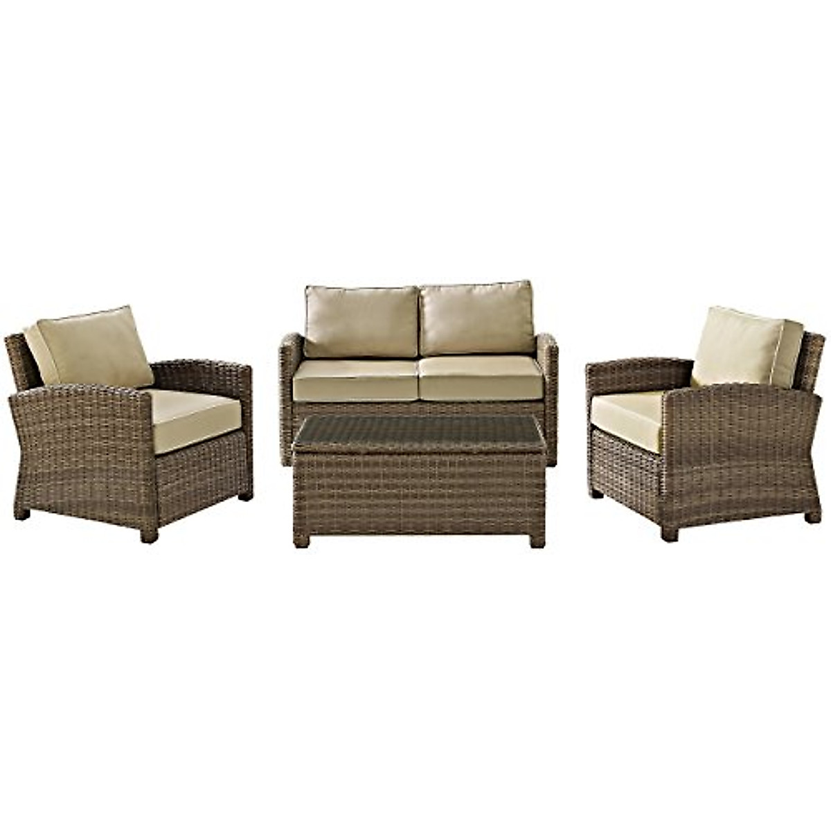 Crosley Furniture Bradenton 4-Piece Outdoor Loveseat Patio Furniture Set, Wicker Conversation Sets for Porch, Brown with Sand Cushions