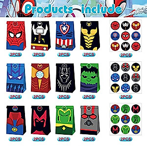 24Set Superhero Party Bags, Superhero Bags Candy Gift Bags Kraft Paper Bags，with Superhero Theme Sticker, For Superhero Theme Birthday Party