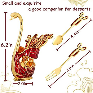 Gusnilo 11PCS Coffee Spoon Dessert Fork Dinnerware Set,Swan Base Holder with 5 Forks and 5 Spoons Metal Dinnerware Set Mini Dessert Spoons Use for Family Dessert Shop (Red,Swan)