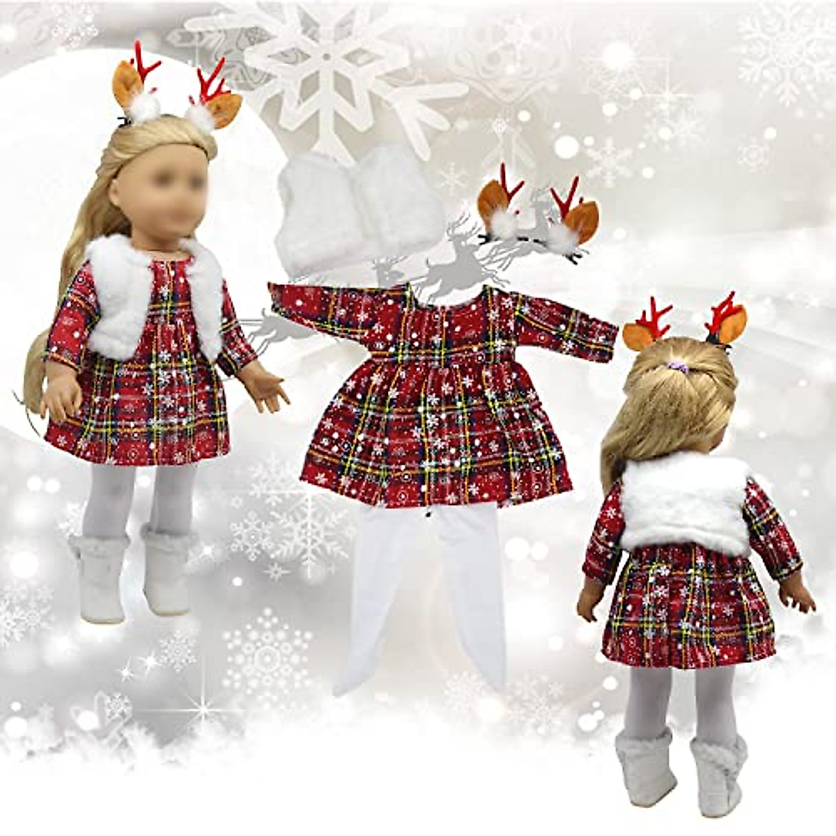 Dciki Christmas Doll Dress Clothes,Handmade Outfits Accessories Include Elk Antlers and Hat for 18 Inch American Doll Girls,Christmas Birthday Gift for Kids. (18 Inch-4set)