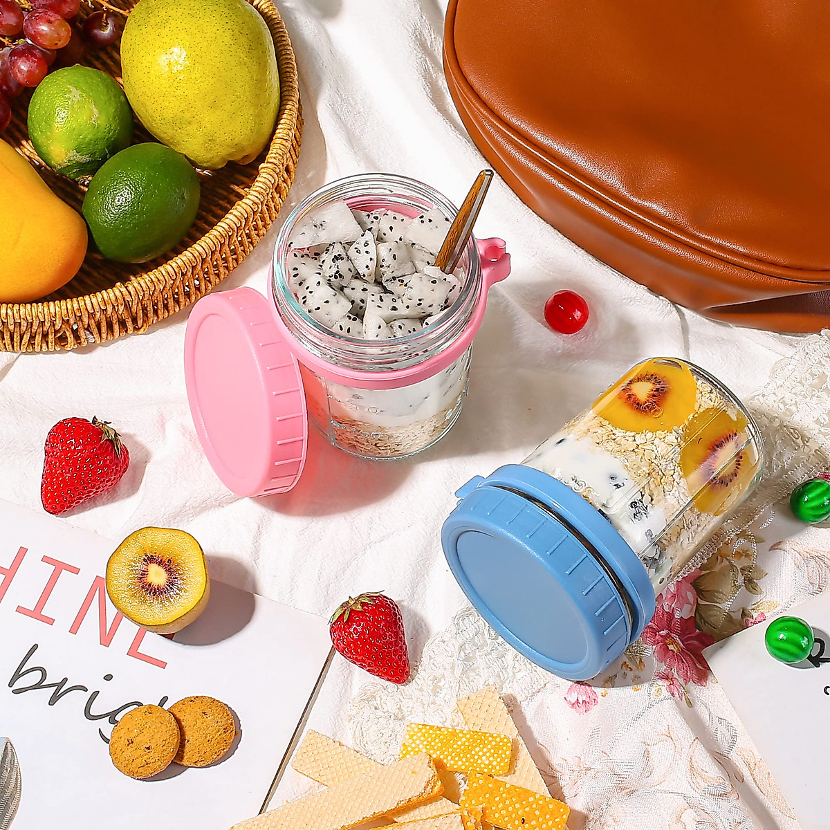 GUUTRY Overnight Oats Containers with lids and Spoons: 16 oz Mason Jars for Overnight Oats - 4 Pack Glass Meal Prep Container for Oatmeal - Food Storage Containers/Canning Jars/Food Jars