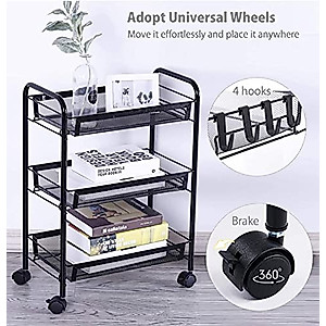 Rolling Storage Cart 3-Tier Metal Mesh Basket Shelves Kitchen Organizer with Wheels(Black)
