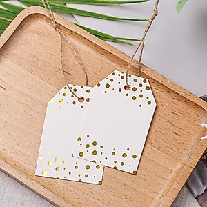 SallyFashion 40PCS Gold Stamped Dots Gift Tags, Shiny Gold Dots Present Tags Hang Tags with String for Wedding Gift Wrapping Birthday Party Favors