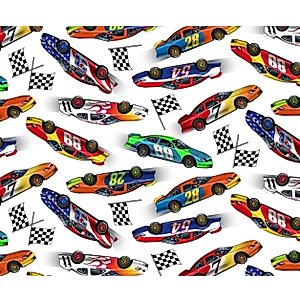 Generic Cotton Fabric Elizabeth's Studio in Motion Tossed Race Cars 673White Fabric by The Yard