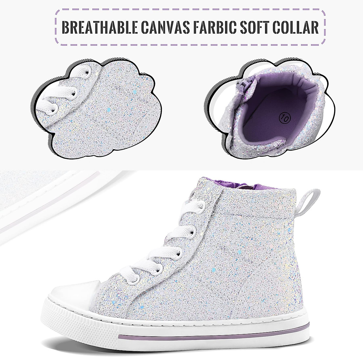 K KomForme Kids Sneakers for Boys and Girls Toddler Canvas High Top Walking Causal Shoes with Zipper White Glitter