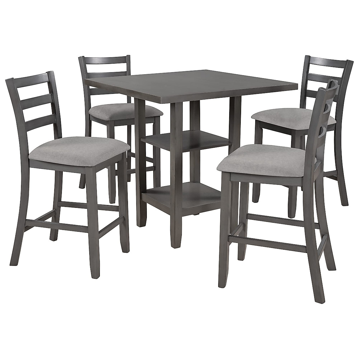 KoiHome East West Table & Padded Chairs with Cushion, Storage Shelving for Home, Distressed Finish, Retro Industrial Style, Gray, 5-Piece Wooden Counter Height Dining Set