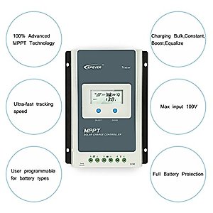 EPEVER MPPT Solar Charge Controller 30 amp 12V 24V Auto, 30A Solar Charge Controller Max 100V Input Negative Grounded Solar Reulator for Lead-Acid and Lithium Batteries Charging and Discharging