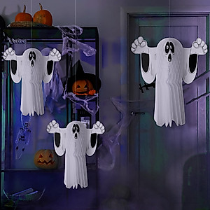 Fourluoo 4 Pcs Halloween Ghost Hanging Decorations Honeycomb Tissue Paper Ghost Shaped Party Decoration Ghost Paper Lanterns for Home Outdoor Decor(21.7" X 16.5", 15' X 12.6",Scary)