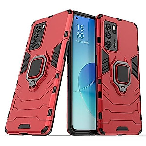 SATURCASE Case for Oppo Reno 6 Pro 5G, Ring Kickstand Hybrid 2 in 1 [PC & Silicone] Dual-Layer Bumper Shockproof Protective Cover for Oppo Reno 6 Pro 5G (HZ-Red)