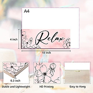 Creoate Pink Bathroom Wall Decor 4 Pieces Relax Soak Unwind Breathe Minimalist Bathroom Signs Floral Print Wooden Hanging Wall Decor for Women Small Farmhouse Home Bathroom