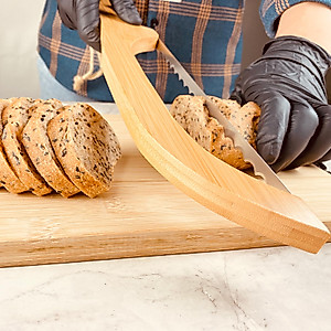 DJKMJT Bread Slicer,Bread knife for Homemade Bread Cutter 15.8" Serrated Bread Bow Knife Sourdough Bread Knofe Fiddle Bow Bread Knife Bamboo Handle - Right Hand Bread Saw Slicer Knife