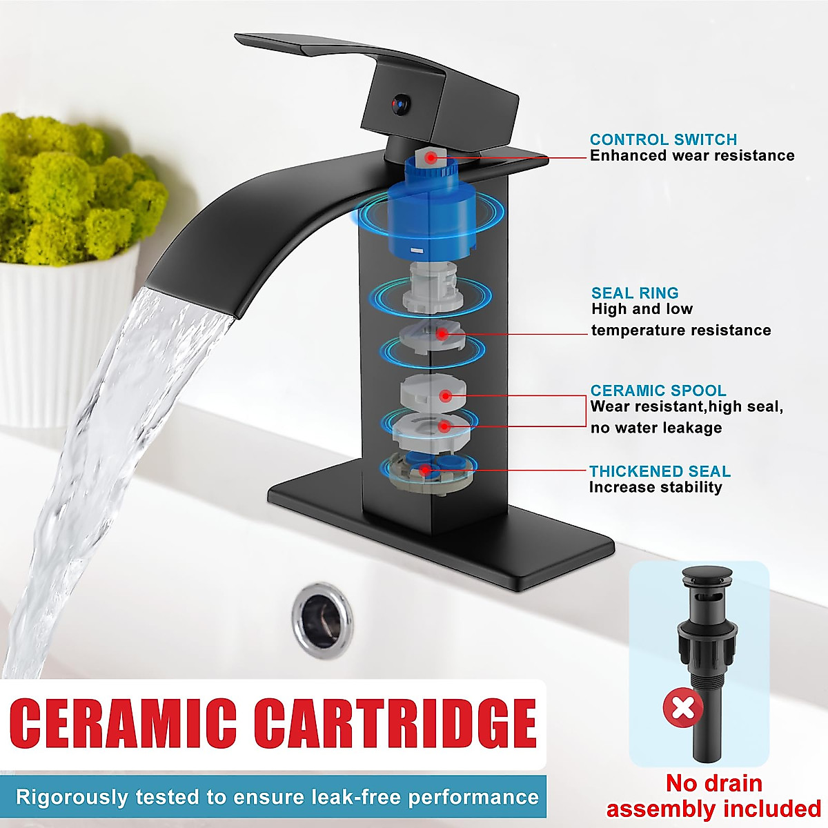 Midanya Waterfall Spout Bathroom Faucet Single Handle 1 Hole Bathroom Sink Faucet,Modern RV Lavatory Vanity Basin Faucet with 6 Inch Deck Plate for 1 or 3 Hole and Water Hose,Matte Black