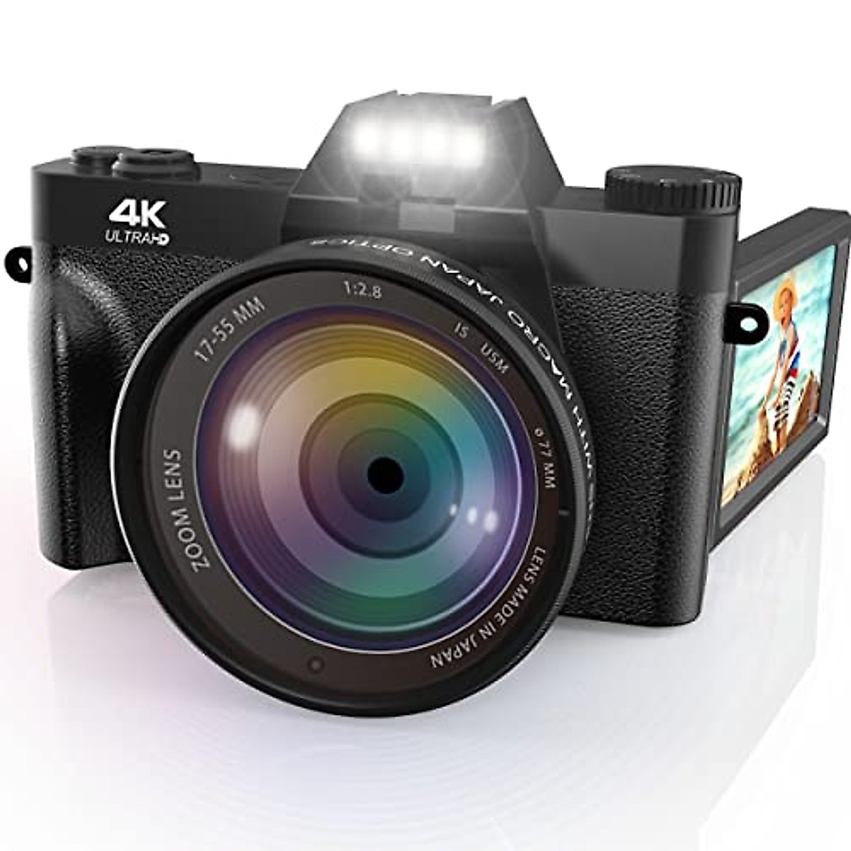 Vlogging Camera, 4K Digital Camera for YouTube with WiFi, 16X Digital Zoom, 180 Degree Flip Screen, Wide Angle Lens, Macro Lens, 2 Batteries and 32GB TF Card TopCamA03