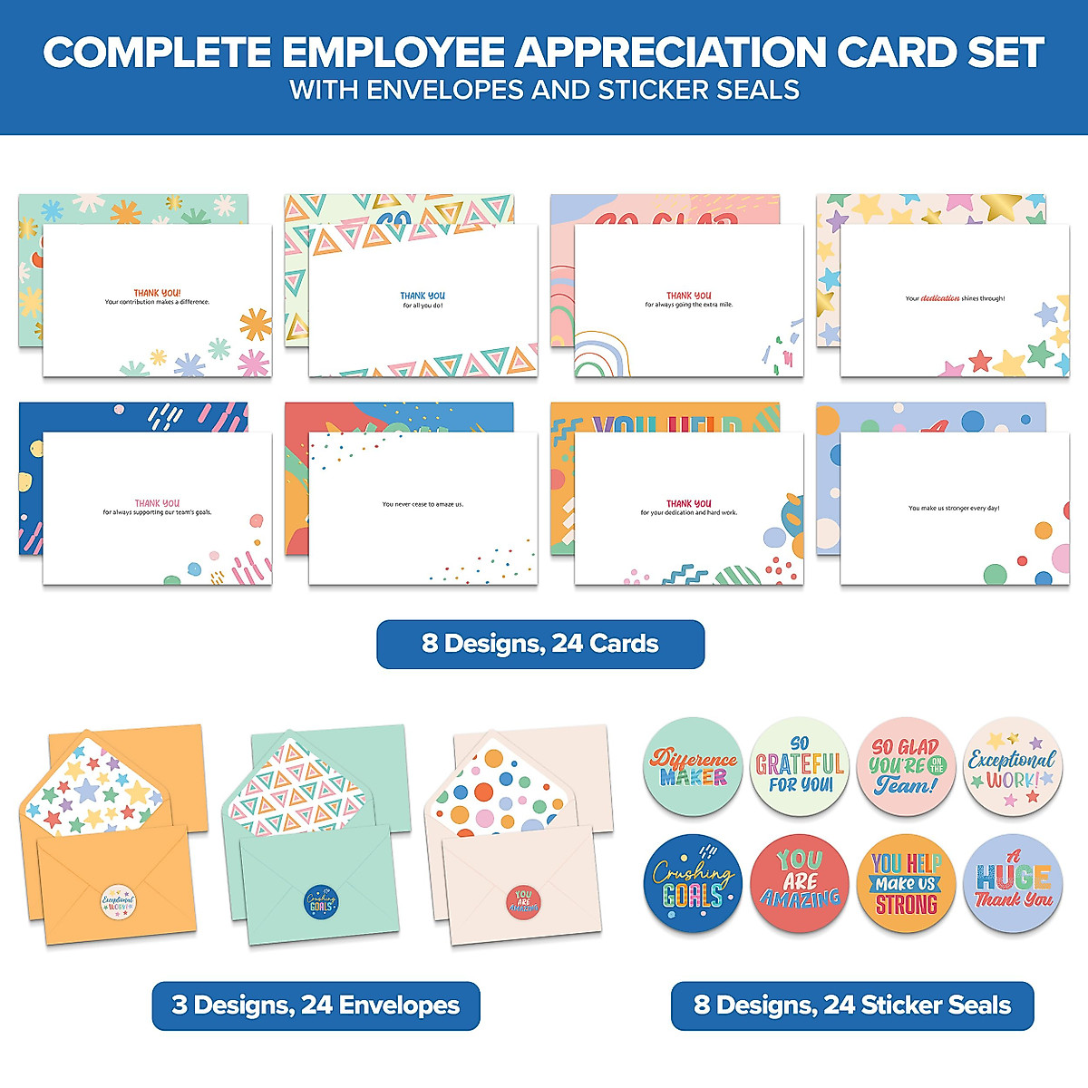 Decorably 24 Pack Gold-Foiled Employee Appreciation Cards with Envelopes & Stickers - 8 Designs Blank Inside Employee Appreciation Card, 6x4in Employee Thank You Cards for Employees Appreciation