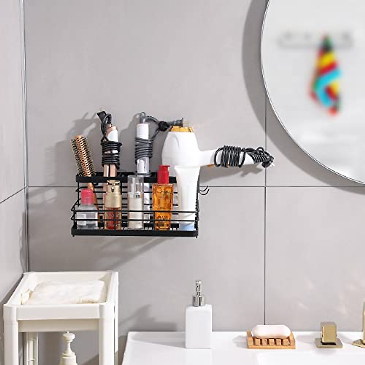 VITVITI Metal Hair Tool Organizer Wall Mounted, Hair Dryer Holder Basket Storage, Bathroom Sink Organizer Countertop for Vanity Makeup Brush/Hair Straightener/Styling Tools, Matte Black, Stand