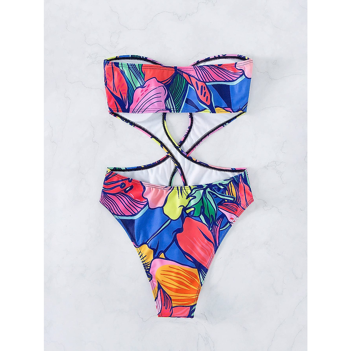 WDIRARA Women's Strapless Cut Out One Piece Swimsuit Tropical Print High Cut Swimsuit Multicolor M