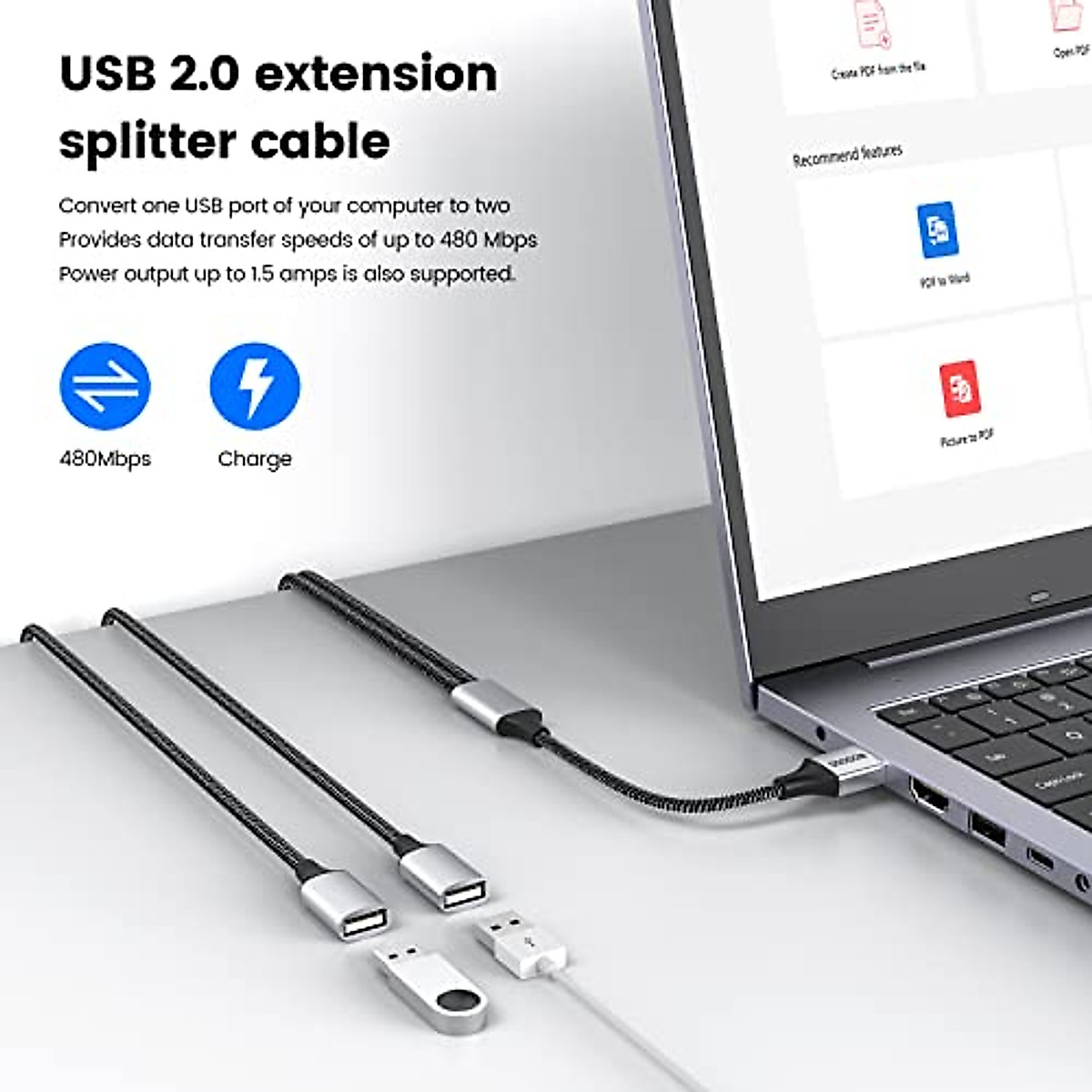USB Extension Cable,USB Splitter USB A Male to 2 Female Extension Cord Durable USB Splitter Cable Nylon Braided Fast Data Transfer Compatible with Printer, USB Keyboard, Flash Drive,Playstation