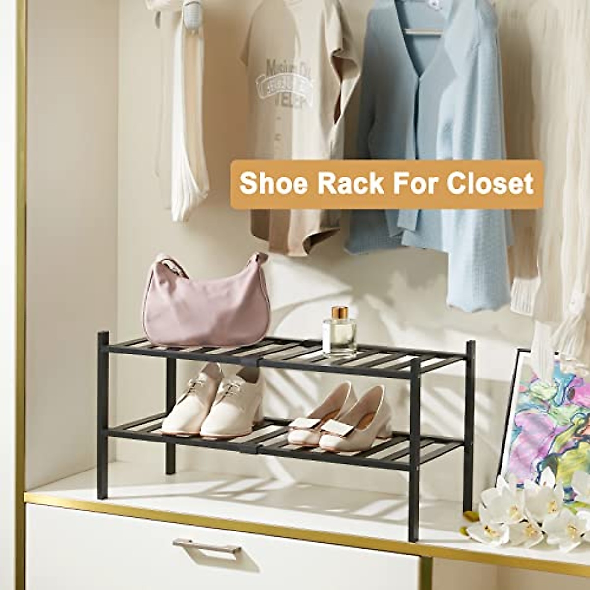 quiqear Bamboo Shoe Rack, 2 Tier Shoe Rack Organizer, Stackable & Durable Shoe Shelf Holder, Free Standing Shoe Racks, Shoe Storage Organizer for Entryway, Closet, Hallway (Black)