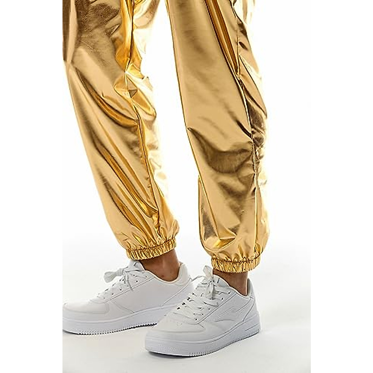 GRAJTCIN Metallic Shiny Jogger Sweatpants for Men 70s/80s Disco Party Rave Sequin Pants Elastic Trousers for Men with Pockets Solid Gold L