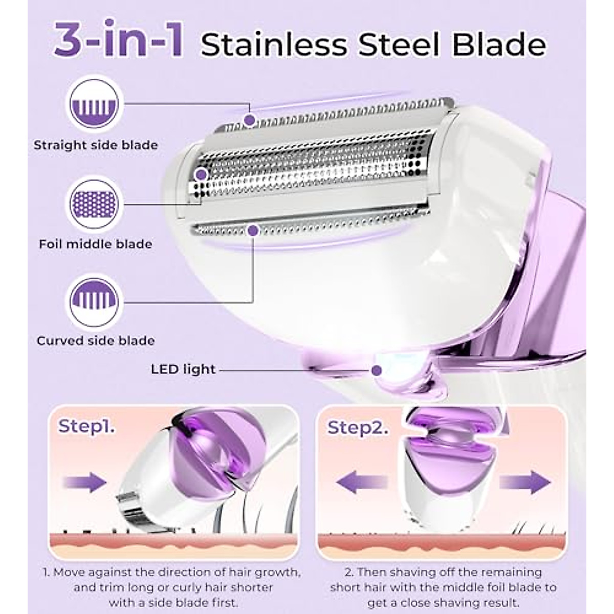 PRITECH Electric Shaver for Women - Cordless Ladies Shaver, Lady Razor for Legs, Arm, Underarms, Bikini, USB Rechargeable Razor Wet & Dry Waterproof Razor for Woman