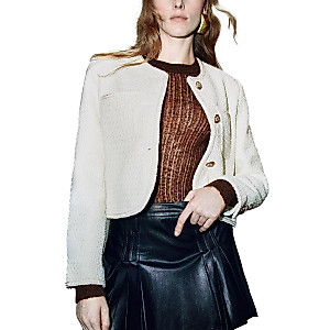 URBAN REVIVO Womens Tweed Blazers Jacket Cropped Long Sleeve Casual Suits Button Down Outwear with Pocket for Work White, X-Small