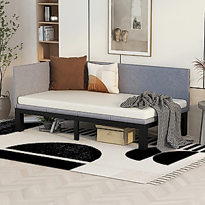 P PURLOVE Upholstered Twin Size Daybed Frame with Backrest and Armrest,L Shaped Wood Sofa Bed Corner DayBed Frame Twin for Kids,for Bedroom Living Guest Room(Twin Size,Gray Bed Frame)