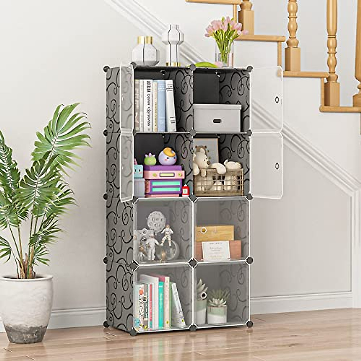 Aeitc 8 Cube Storage Organizer Closet Shelves Storage Cubes DIY Cubby Organizing Modular Cabinet Bookcase Cubby Closet Shelf for Bedroom, Living Room, Black with Clear Door