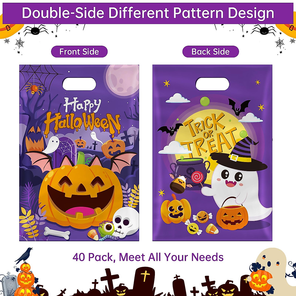 40 Pcs Happy Halloween Treat Bags with Handles-Trick or Treat Halloween Goodie Bags for Kids, Cute Ghost Pumpkin Halloween Plastic Candy Goody Gift Bags for Halloween Party Decorations Supplies Favors